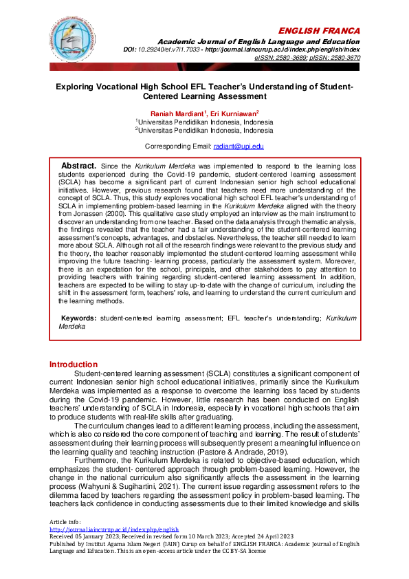 (PDF) Exploring Vocational High School EFL Teacher’s Understanding of Student-Centered Learning ...