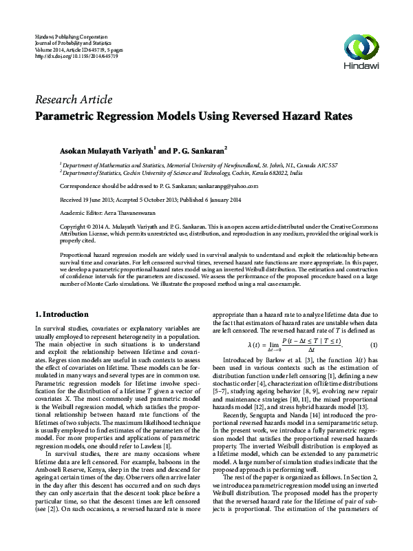 (PDF) Parametric Regression Models Using Reversed Hazard Rates