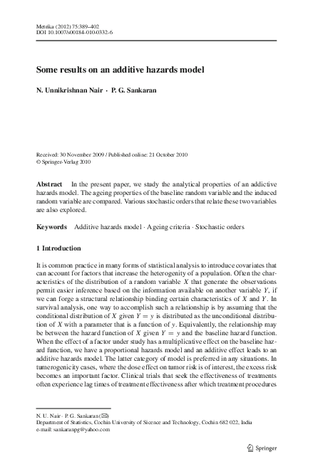 (PDF) Some results on an additive hazards model