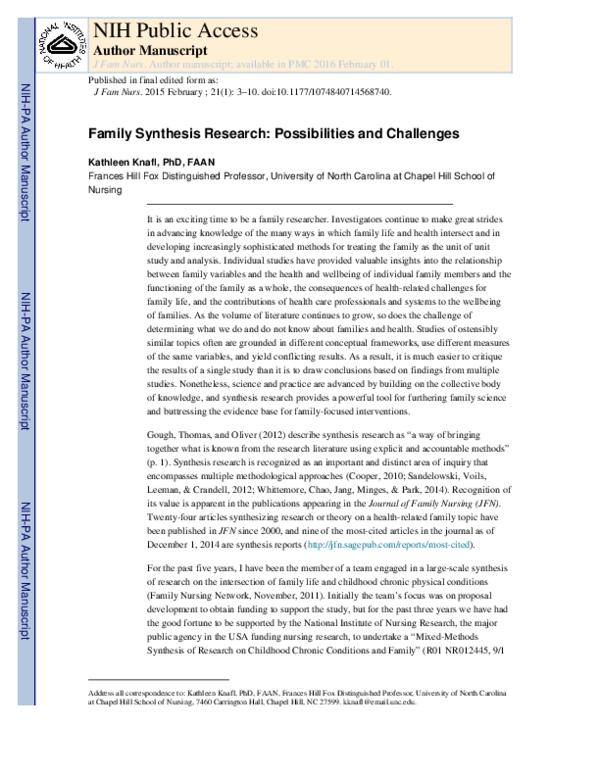 (PDF) Family synthesis research: possibilities and challenges