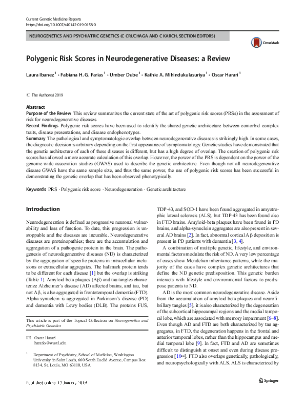 (PDF) Polygenic Risk Scores in Neurodegenerative Diseases: a Review