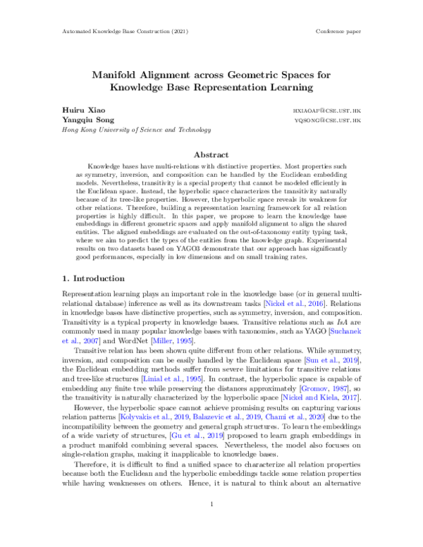 (PDF) Manifold Alignment across Geometric Spaces for Knowledge Base Representation Learning