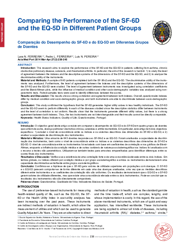 (PDF) Comparing the Performance of the SF-6D and the EQ-5D in Different ...