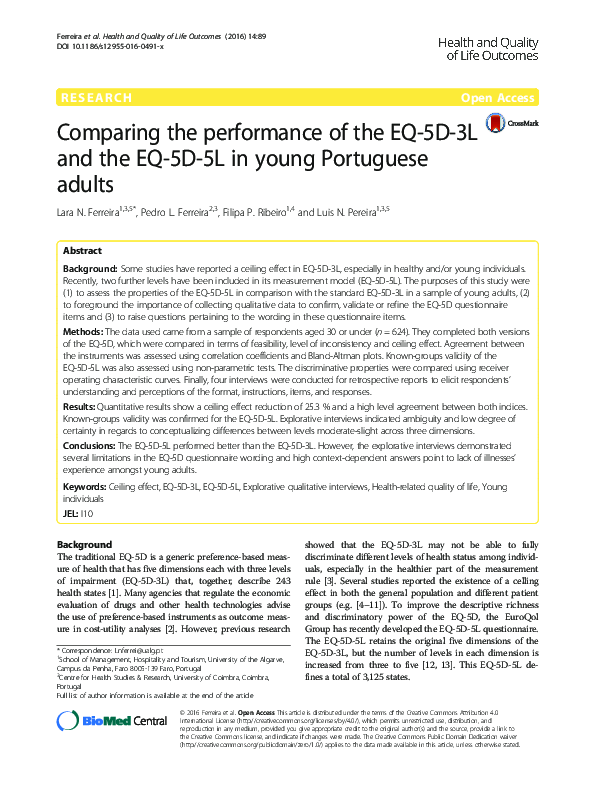 (PDF) Comparing the performance of the EQ-5D-3L and the EQ-5D-5L in young Portuguese adults ...