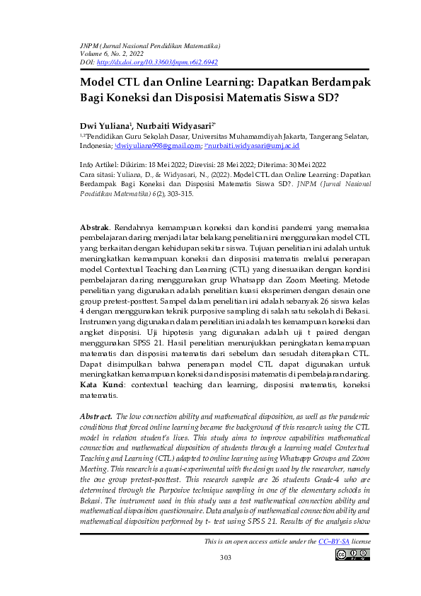 (PDF) Model CTL dan Online Learning: Dapatkan Berdampak Bagi Koneksi dan Disposisi Matematis ...