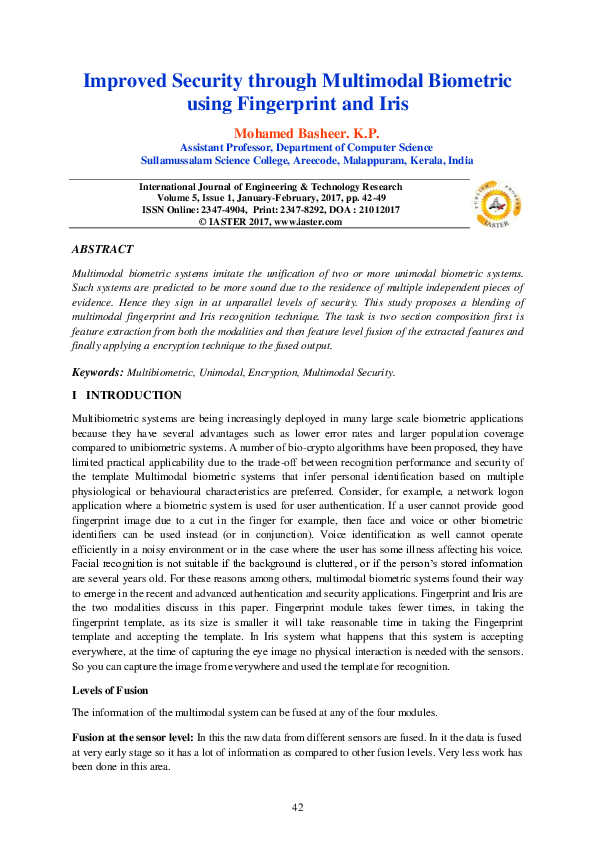 (PDF) Improved Security through Multimodal Biometric using Fingerprint and Iris