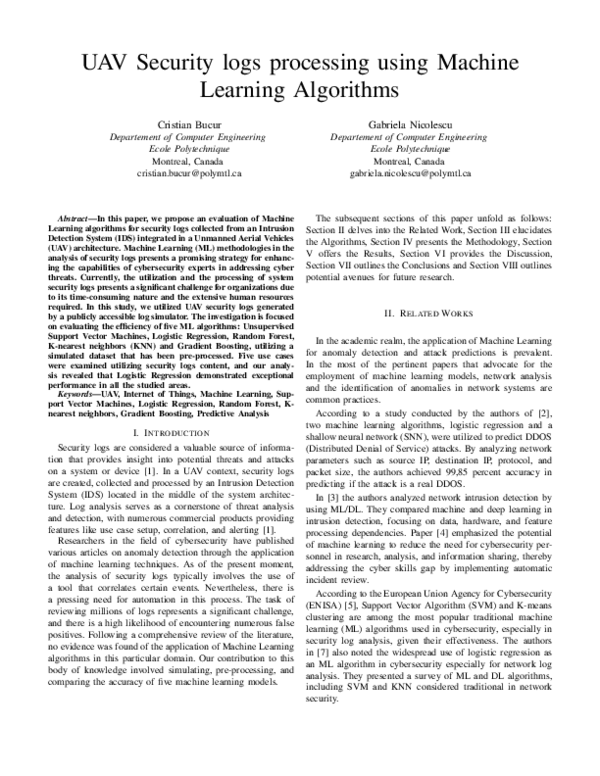 (PDF) UAV Security logs processing using Machine Learning Algorithms