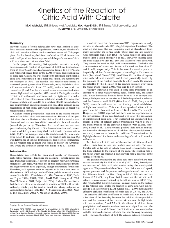 (PDF) Kinetics of the Reaction of Citric Acid With Calcite