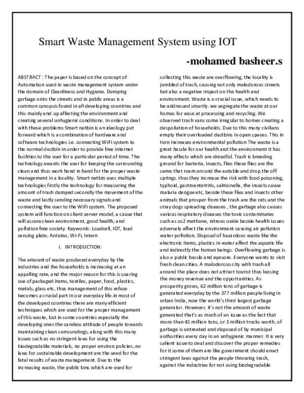 (PDF) Smart Waste Management System using IOT -mohamed basheer.s