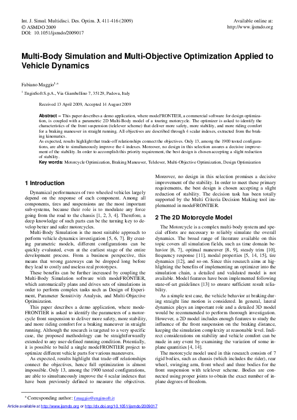 (PDF) Multi-Body Simulation and Multi-Objective Optimization Applied to Vehicle Dynamics