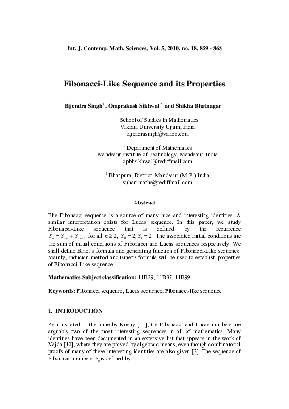 (PDF) Fibonacci-Like Sequence and its Properties