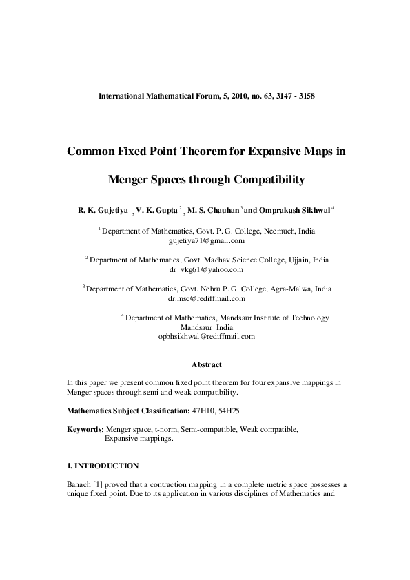 (PDF) Common Fixed Point Theorem for Expansive Maps in Menger Spaces ...