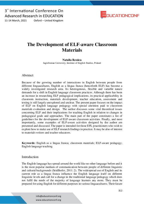 (PDF) The Development of ELF-aware Classroom Materials