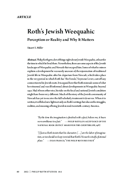 (PDF) Roth's Jewish Weequahic: Perception or Reality and Why It Matters