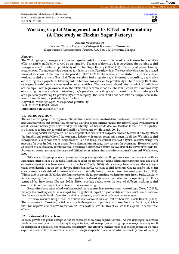 (PDF) Working Capital Management and Its Effect on Profitability (A ...