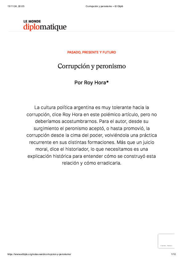 (PDF) Corrupción y peronismo: pasado, presente y futuro, El Dipló, 2024