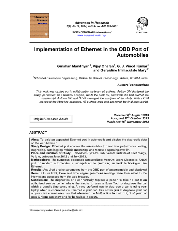 (PDF) Implementation of Ethernet in the OBD Port of Automobiles