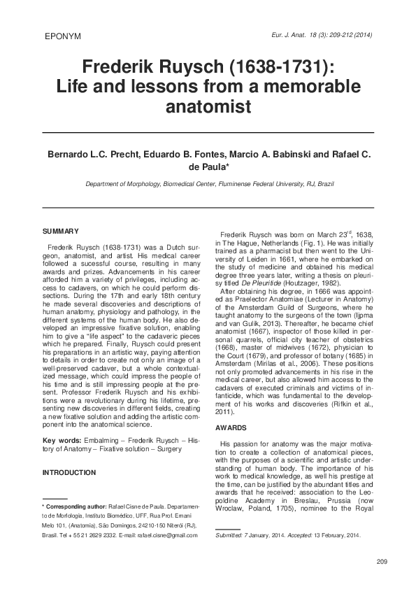 (PDF) Frederik Ruysch (1638-1731): Life and lessons from a memorable ...