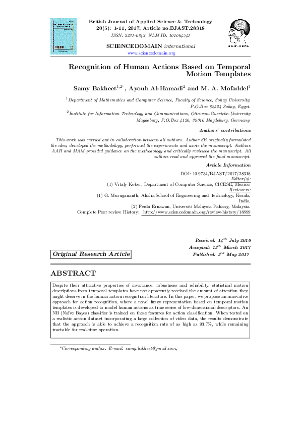 Pdf Recognition Of Human Actions Based On Temporal Motion Templates
