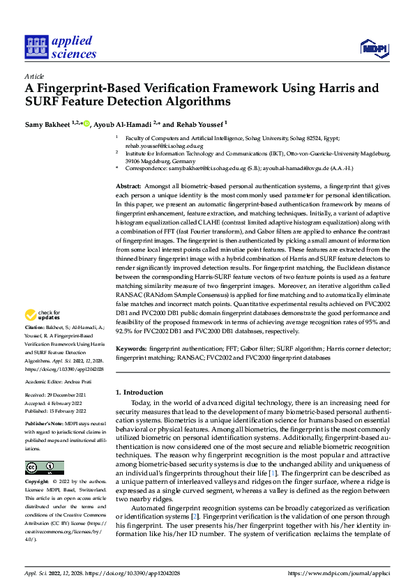 (PDF) A Fingerprint-Based Verification Framework Using Harris and SURF Feature Detection Algorithms
