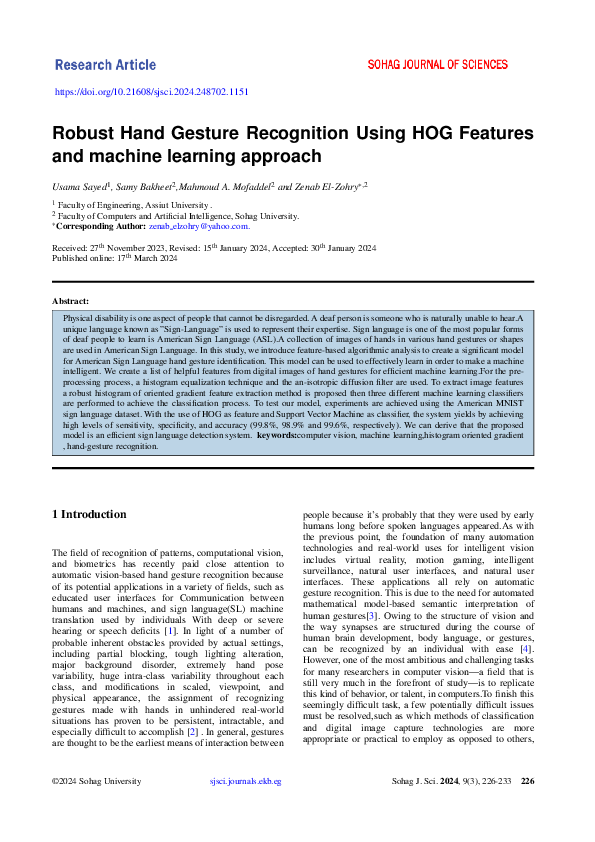 (PDF) Robust Hand Gesture Recognition Using HOG Features and machine learning