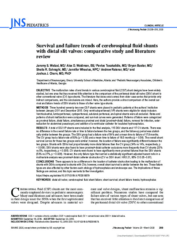 (PDF) Survival and failure trends of cerebrospinal fluid shunts with ...