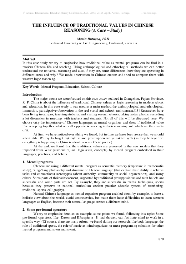 (PDF) THE INFLUENCE OF TRADITIONAL VALUES IN CHINESE REASONING (A Case ...