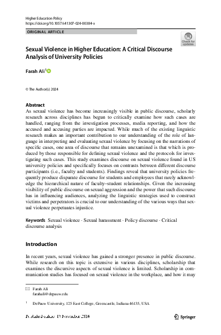 (PDF) Sexual Violence in Higher Education: A Critical Discourse ...