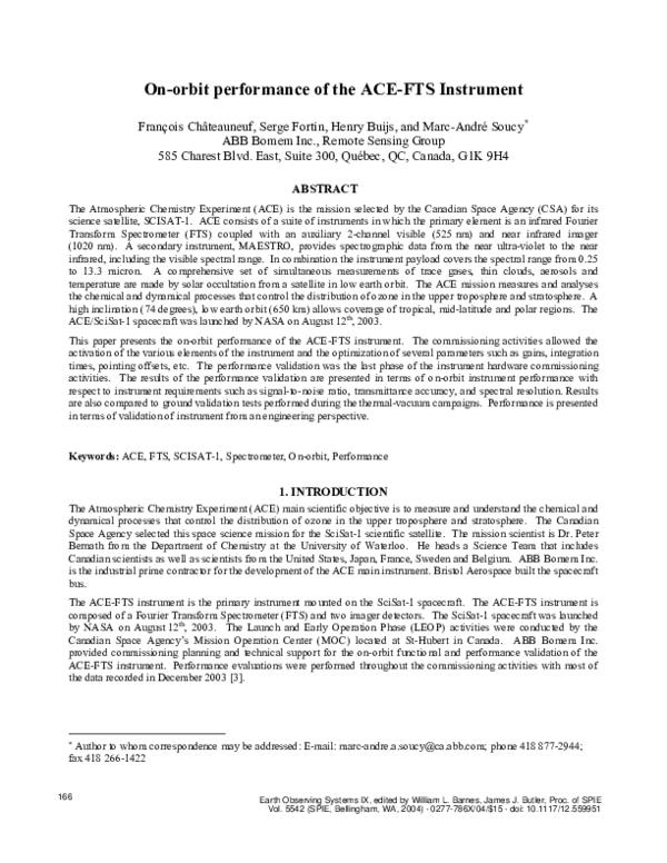 (PDF) On-orbit performance of the ACE-FTS instrument