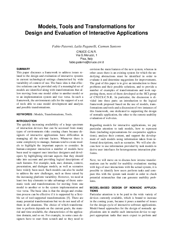 (PDF) Models, Tools and Transformations for Design and Evaluation of Interactive Applications