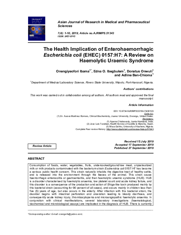 (PDF) Health Risks of E. coli 0157:H7 and Haemolytic Uraemic Syndrome