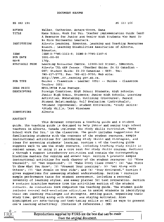 (PDF) Make School Work for You. Teacher Implementation Guide [and] A ...