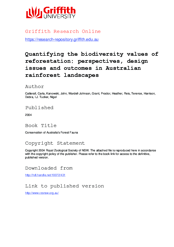 (PDF) Quantifying the biodiversity values of reforestation: perspectives, design issues and ...