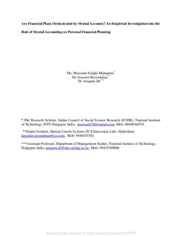 (PDF) Are Financial Plans Orchestrated by Mental Accounts? An Empirical ...