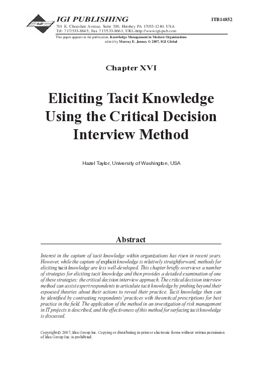 (PDF) Eliciting Tacit Knowledge Using the Critical Decision Interview Method | Hazel Taylor ...