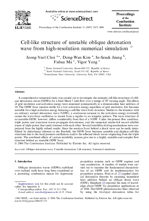(PDF) Cell-like structure of unstable oblique detonation wave from high ...