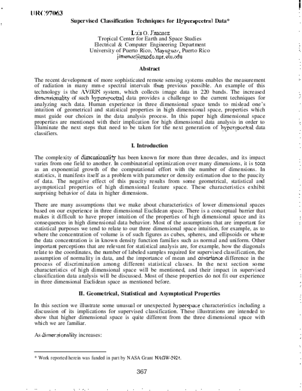 (PDF) Classification Techniques for Hyperspectral Data