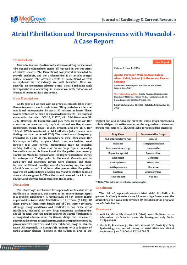 (PDF) Atrial Fibrillation and Unresponsiveness with Muscadol - A Case Report | ayesha parveen ...