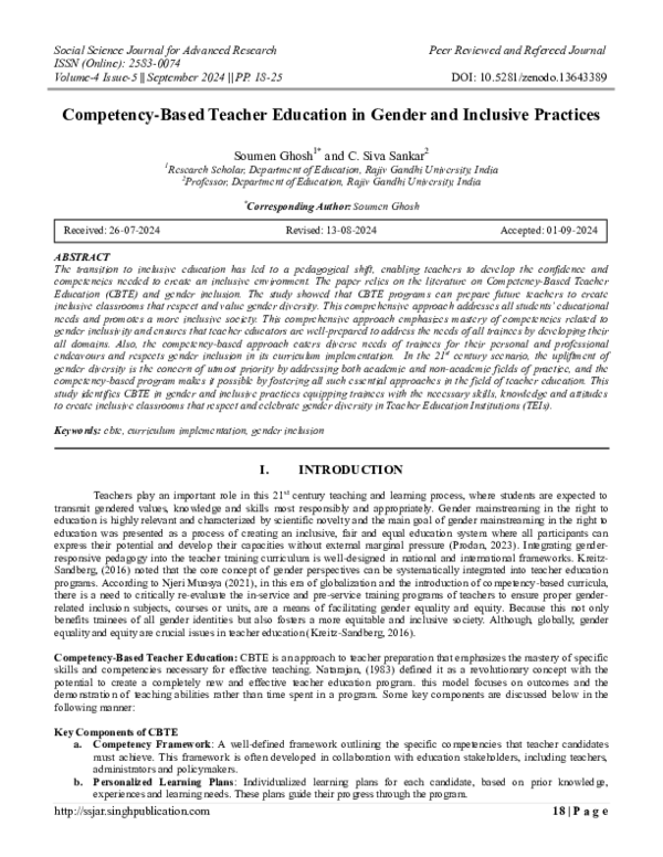 (PDF) Competency-Based Teacher Education in Gender and Inclusive Practices
