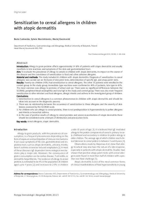 (PDF) Sensitization to cereal allergens in children with atopic ...