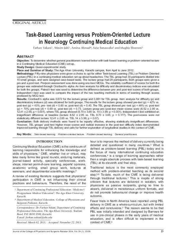 (PDF) Task-Based Learning versus Problem-Oriented Lecture in Neurology Continuing Medical ...