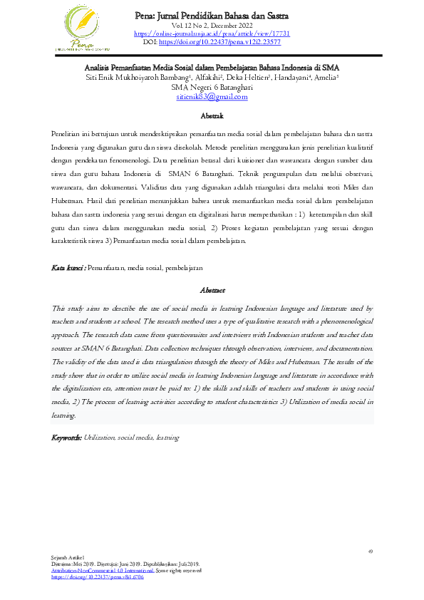 (PDF) Analisis Pemanfaatan Media Sosial dalam Pembelajaran Bahasa Indonesia