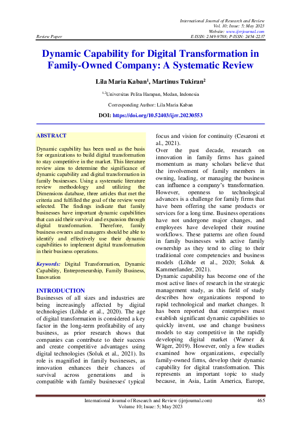 (PDF) Dynamic Capability for Digital Transformation in Family-Owned Company: A Systematic Review