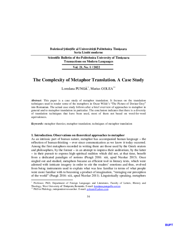 (PDF) The Complexity of Metaphor Translation. A Case Study