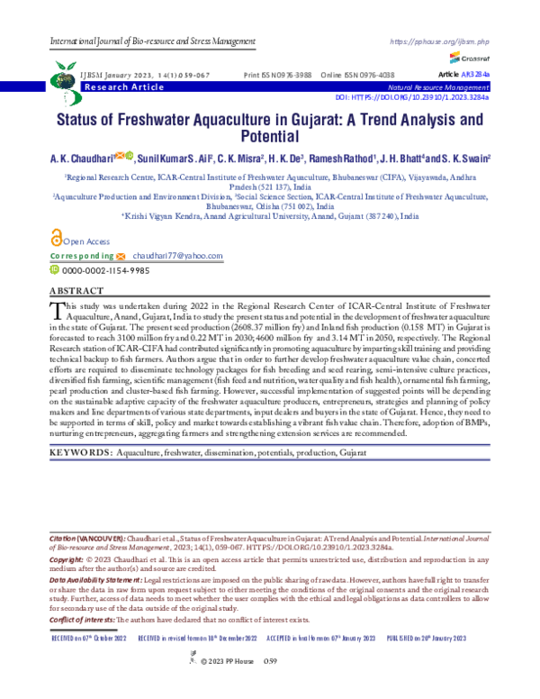 (PDF) Status of Freshwater Aquaculture in Gujarat: A Trend Analysis and Potential