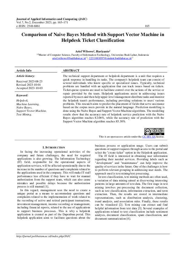Pdf Comparison Of Naive Bayes Method With Support Vector Machine In Helpdesk Ticket Classification
