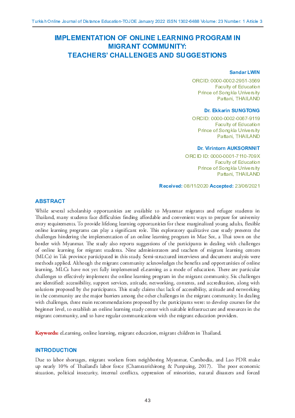 (PDF) Implementation of Online Learning Program in Migrant Community: Teachers’ Challenges and ...