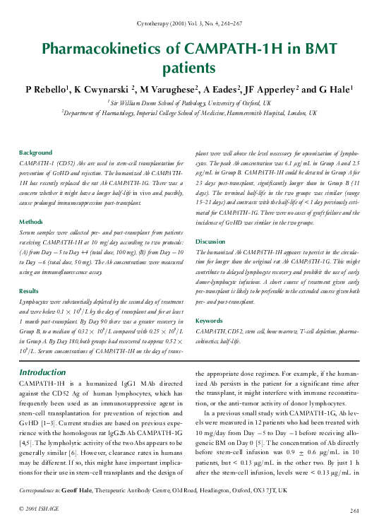 (PDF) Pharmacokinetics of CAMPATH-1H in BMT patients