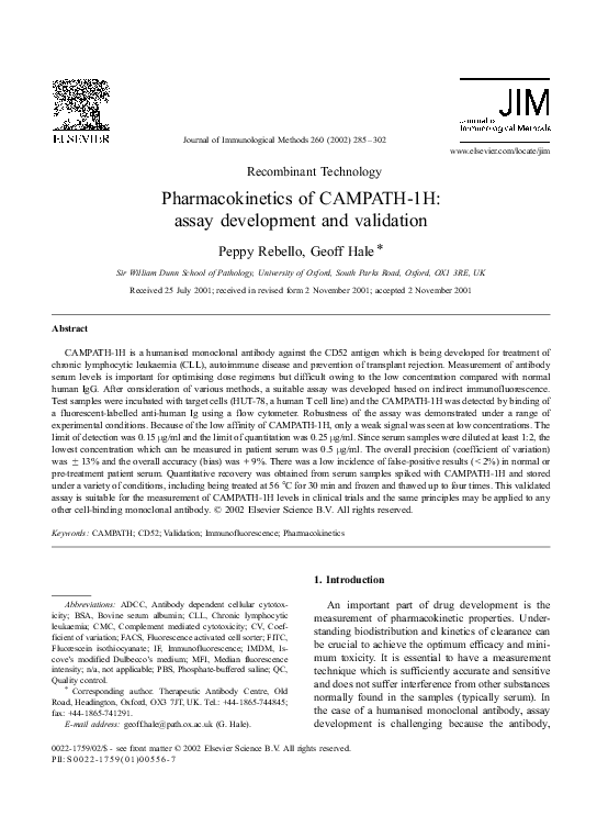 (PDF) Pharmacokinetics of CAMPATH-1H: assay development and validation