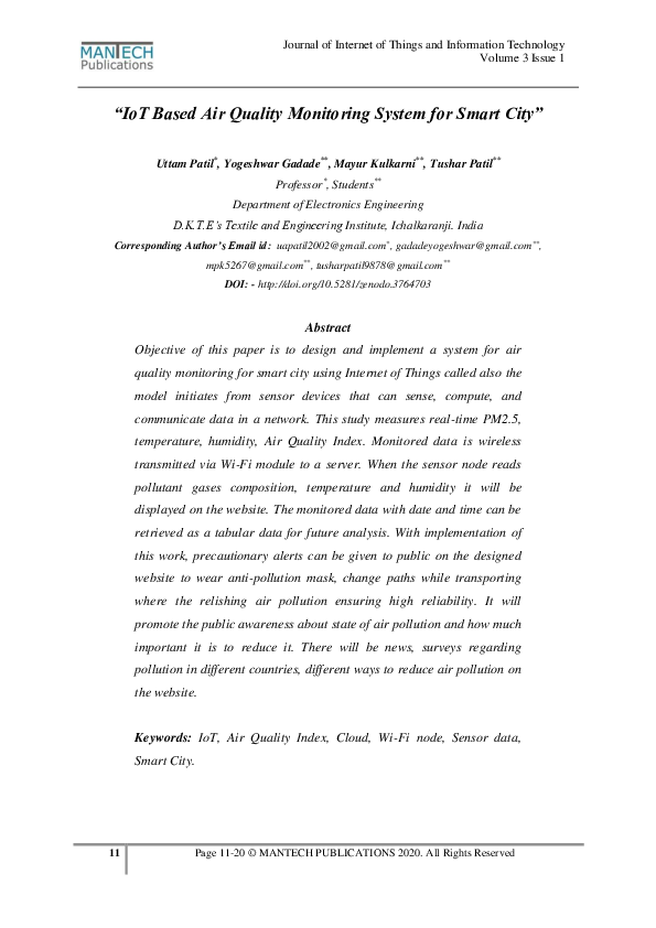 Pdf Iot Based Air Quality Monitoring System For Smart City